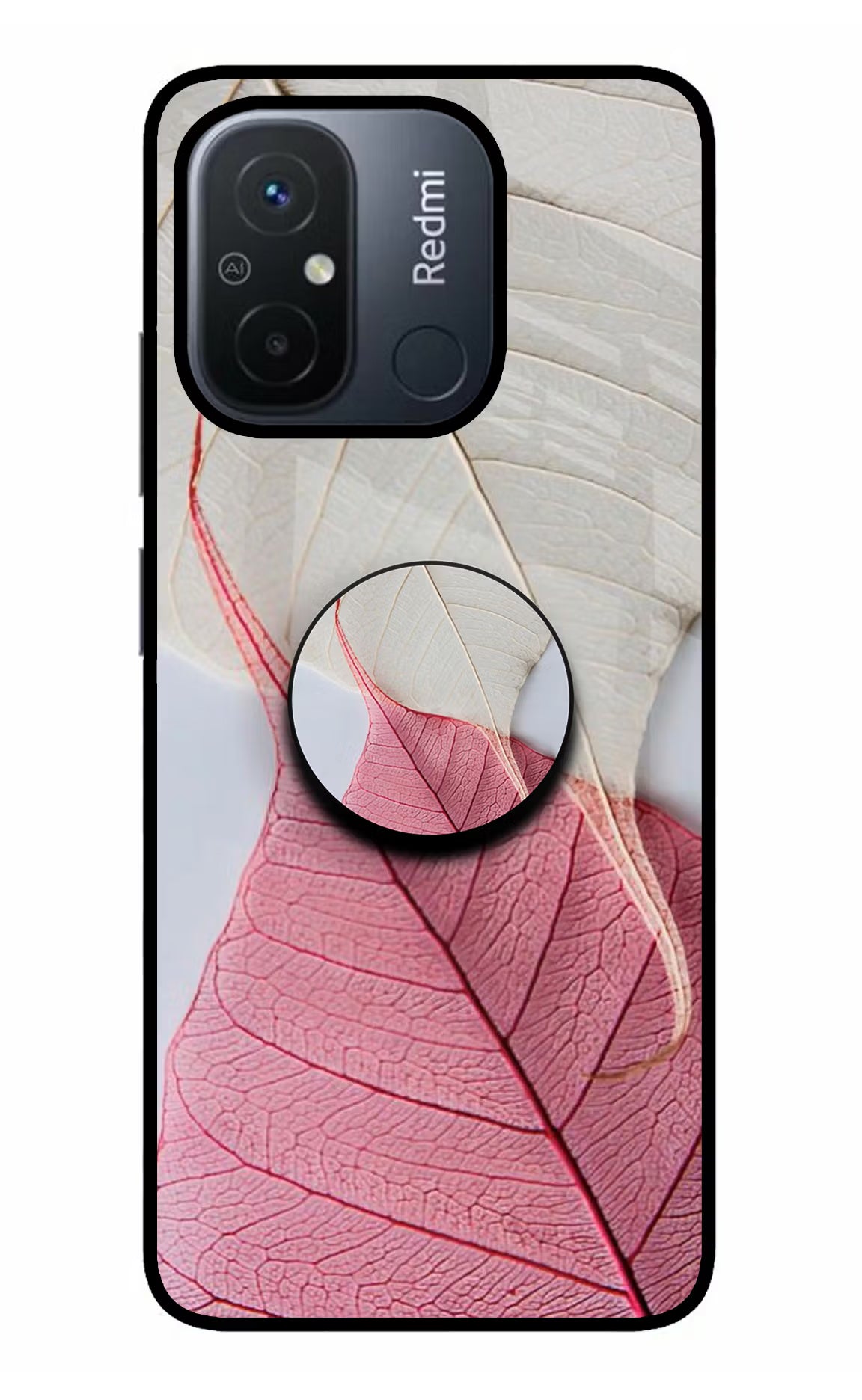 Buy Now White Pink Leaf Glass Case for Redmi 12C Online | Casekaro